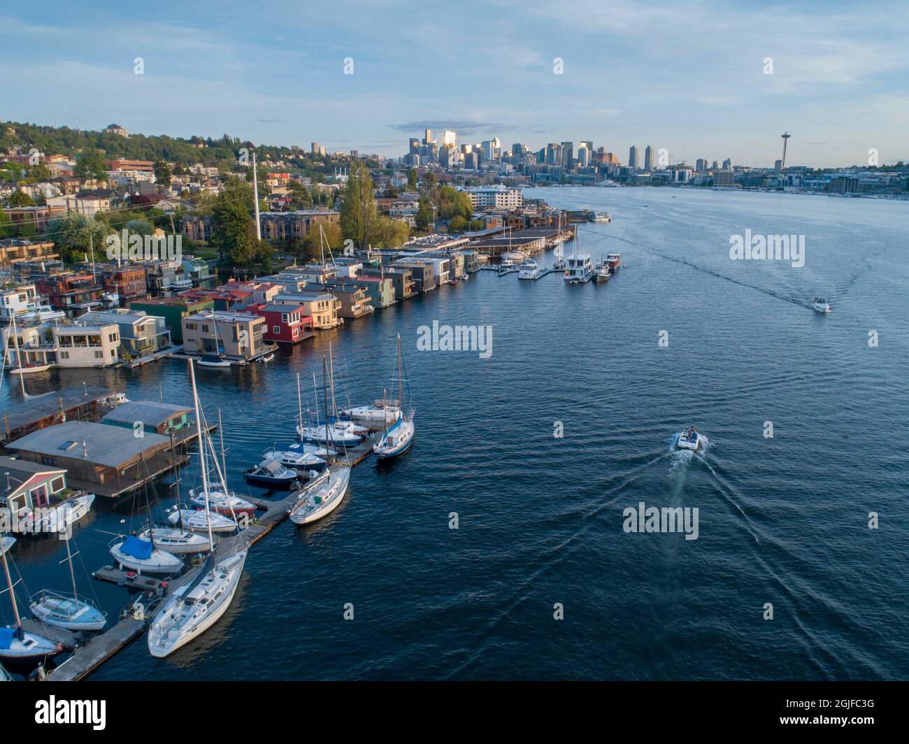 Aerial view of sailboats and houseboats on Lake Union with downtown ...