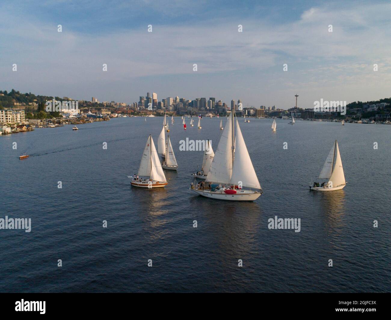Aerial view of sailboats racing on Lake Union in the evening with the ...