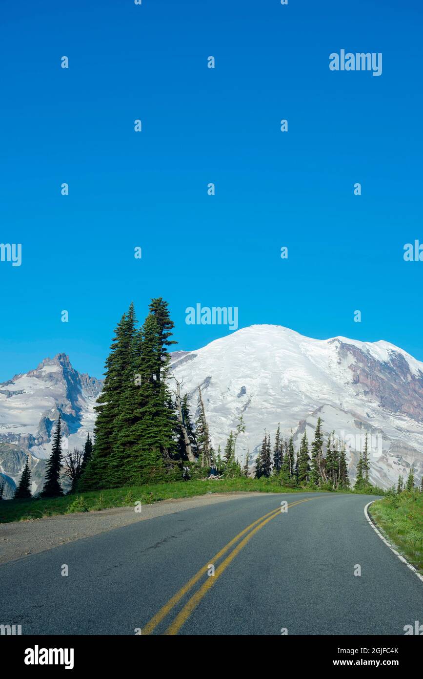 The Sunrise road leading towards Sunrise and Mt. Rainier at dawn, Mt ...
