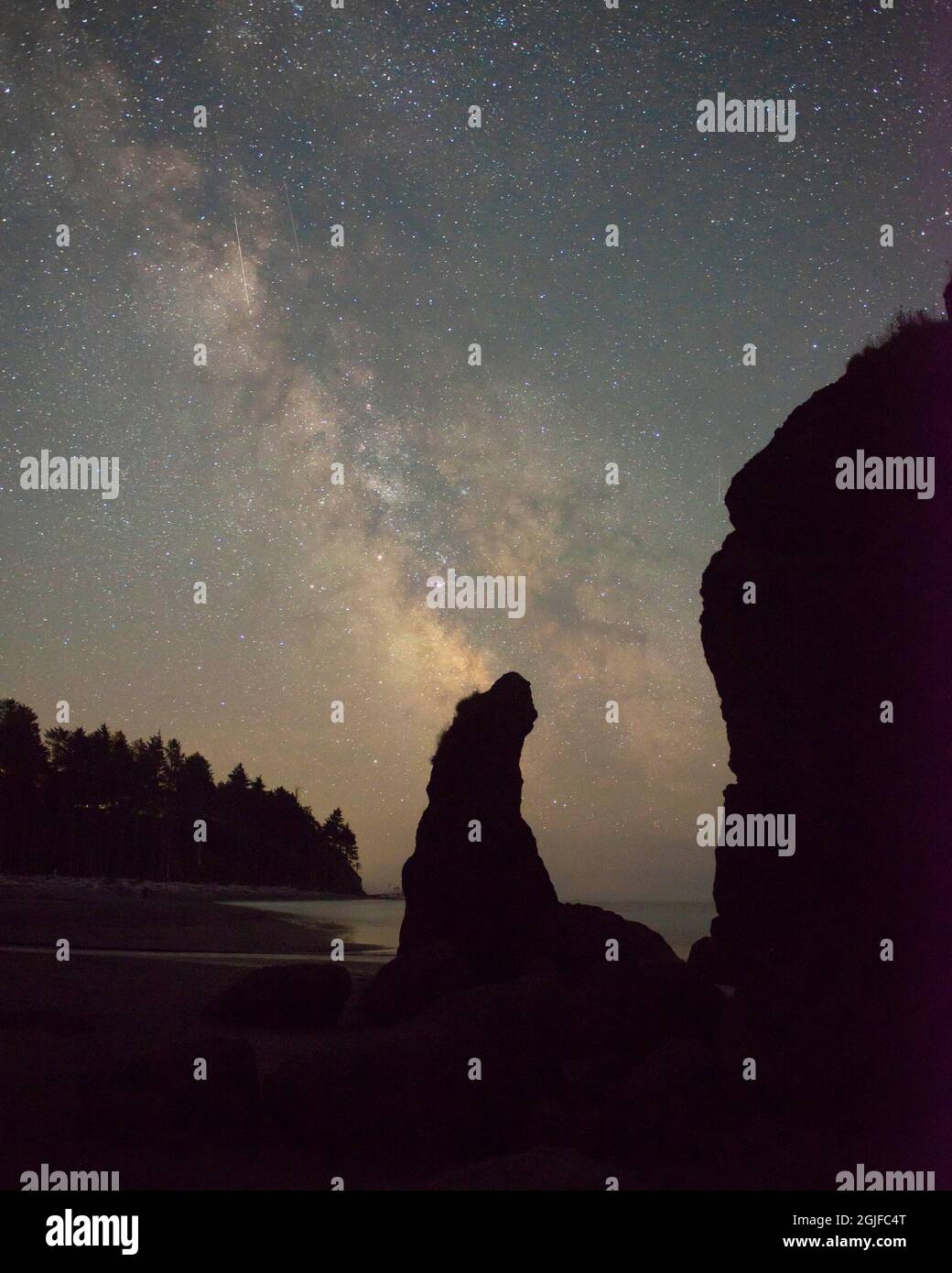 The Milky Way rising behind sea stacks on Ruby Beach, Olympic National ...