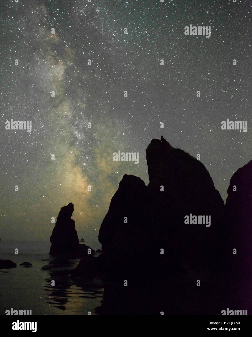 The Milky Way rising behind sea stacks on Ruby Beach, Olympic National ...