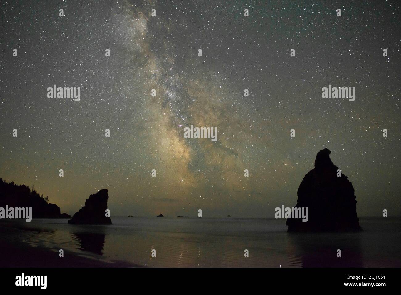 The Milky Way rising behind sea stacks on Ruby Beach, Olympic National ...