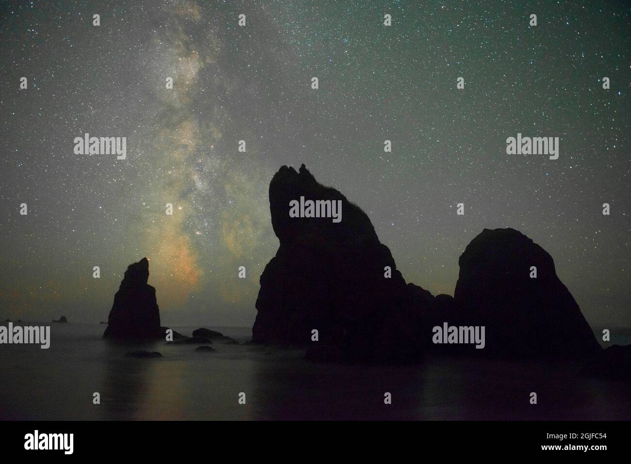 The Milky Way rising behind sea stacks on Ruby Beach, Olympic National ...