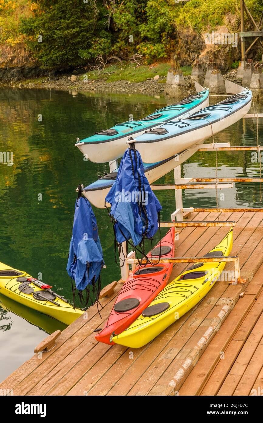 Roche Harbor, San Juan Island, Washington, USA. Kayaks on the dock at ...