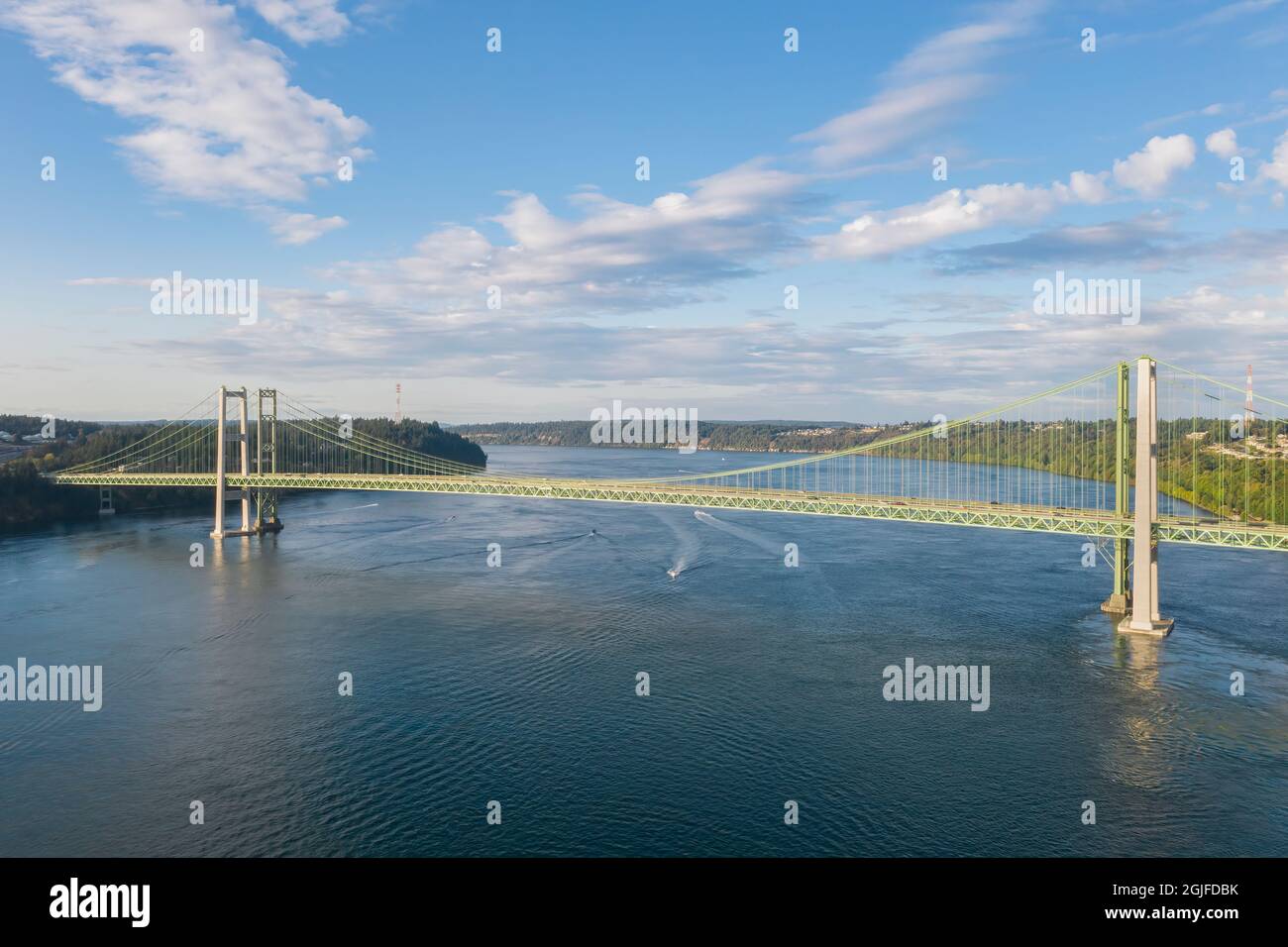 USA, Washington State, Tacoma. Tacoma Narrows Bridge spanning the ...