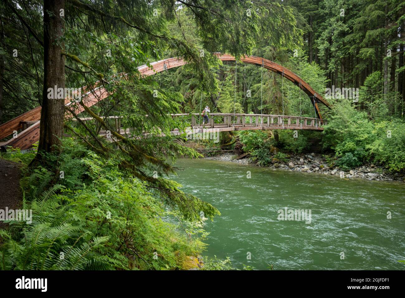 Usa, Washington State, North Bend. Arched suspension bridge over Middle ...