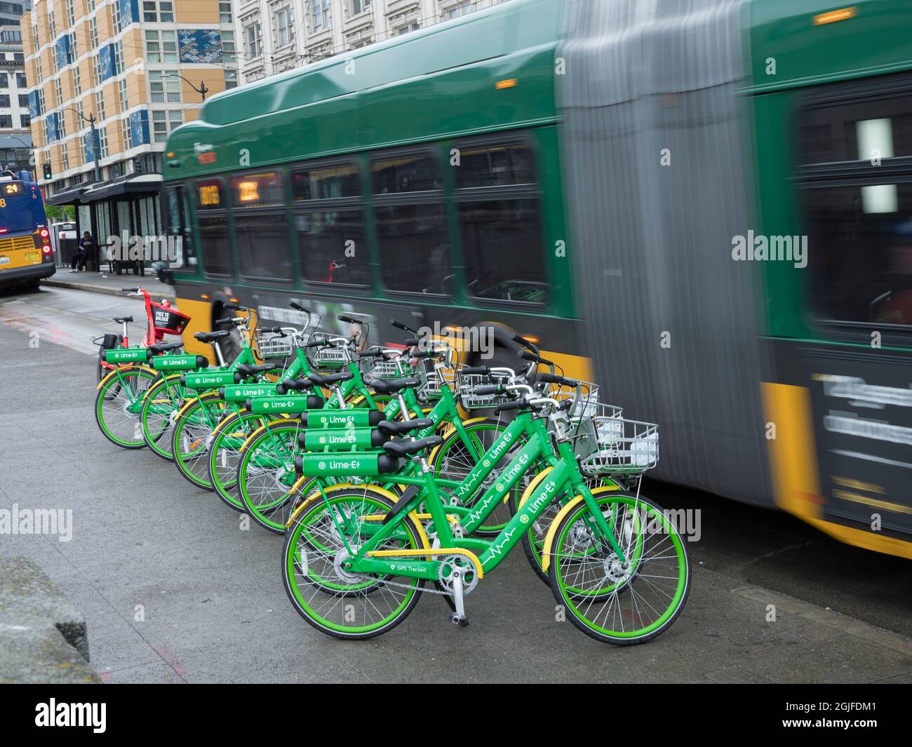 Usa, Washington State, King County, Seattle, parked group of Lime ...