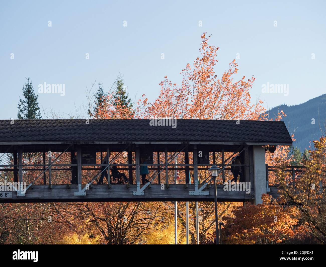 Usa, Washington State, Snoqualmie, pedestrian bridge to Salish Lodge ...