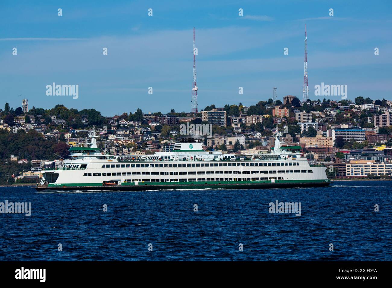 USA, Washington State, Seattle. Washington State Ferry sailing past ...