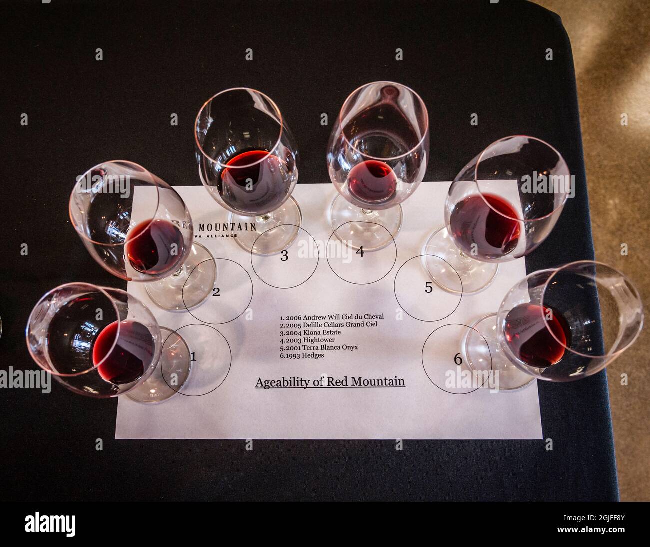 USA, Washington State, Red Mountain. Wine glasses with different wines ...
