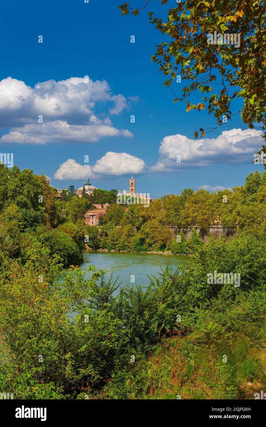 Nature in Rome. View of the city old historic center from River Tiber ...
