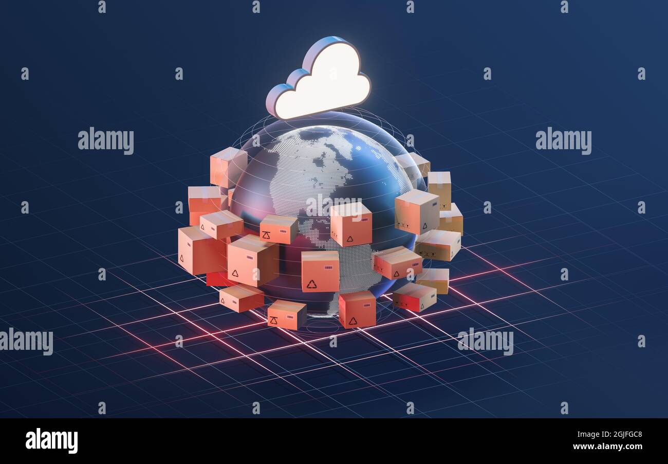 Cloud computing and commodity logistics, 3d rendering. Computer digital ...