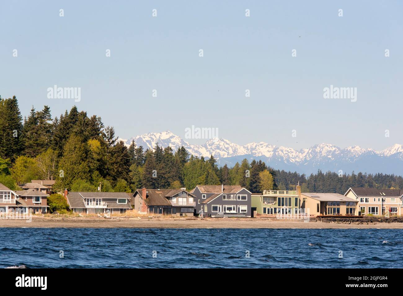 USA, Washington State, Bainbridge Island. Waterfront homes Point Monroe ...