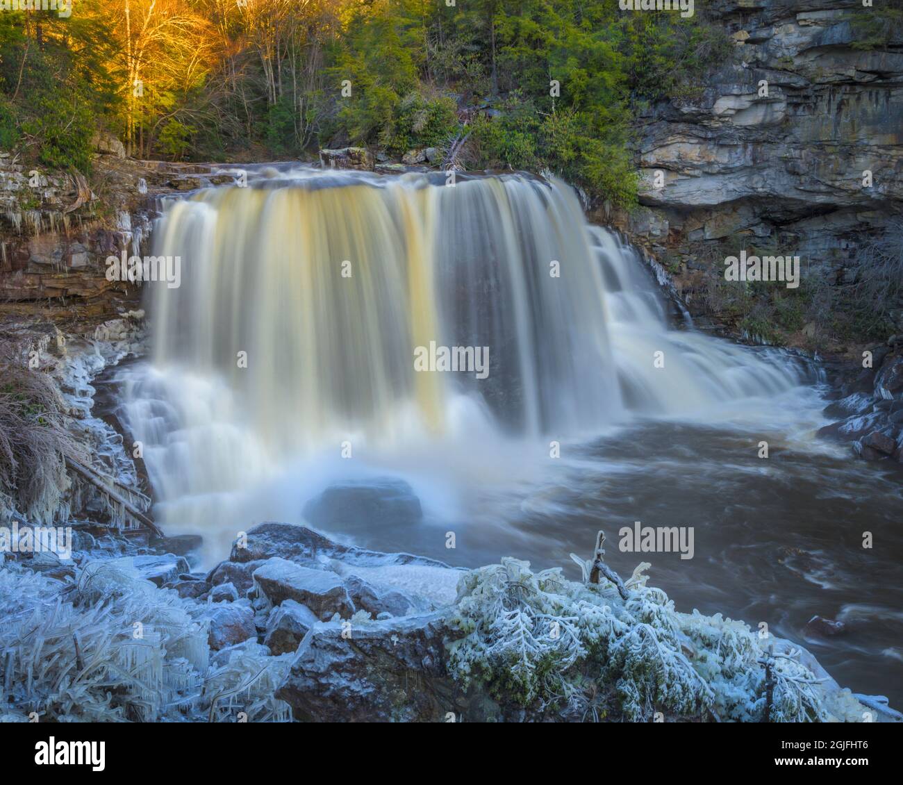 USA, West Virginia, Blackwater Falls State Park. Winter waterfall ...