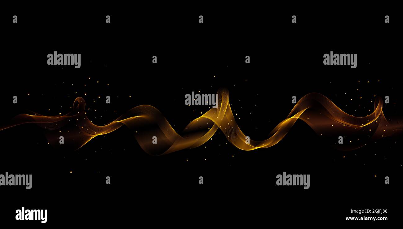Gold color wave on black background Abstract stream of wavy lines with ...