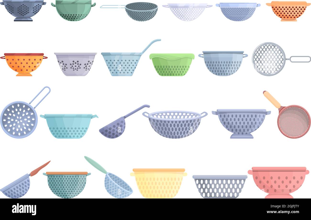 Colander icons set cartoon vector. Cook accessory. Strainer container ...
