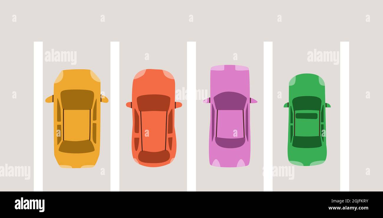 Car parking top view. Multicolored cute vehicle. Vector elements for ...