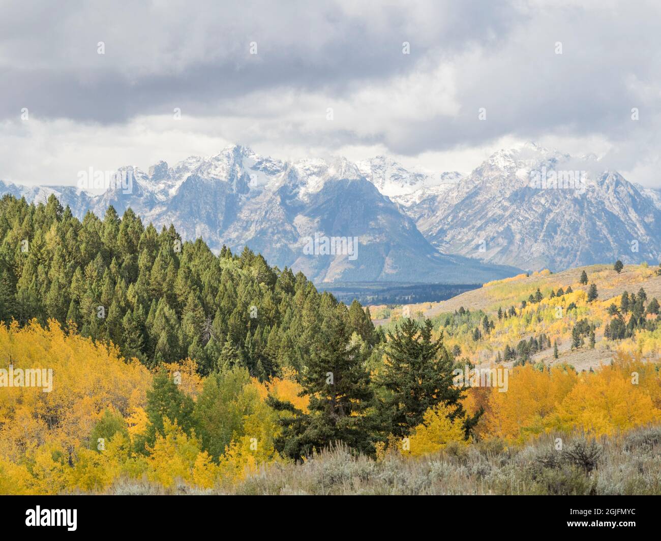 USA, Wyoming, view of the Grand Tetons from Buffalo Valley Road in ...