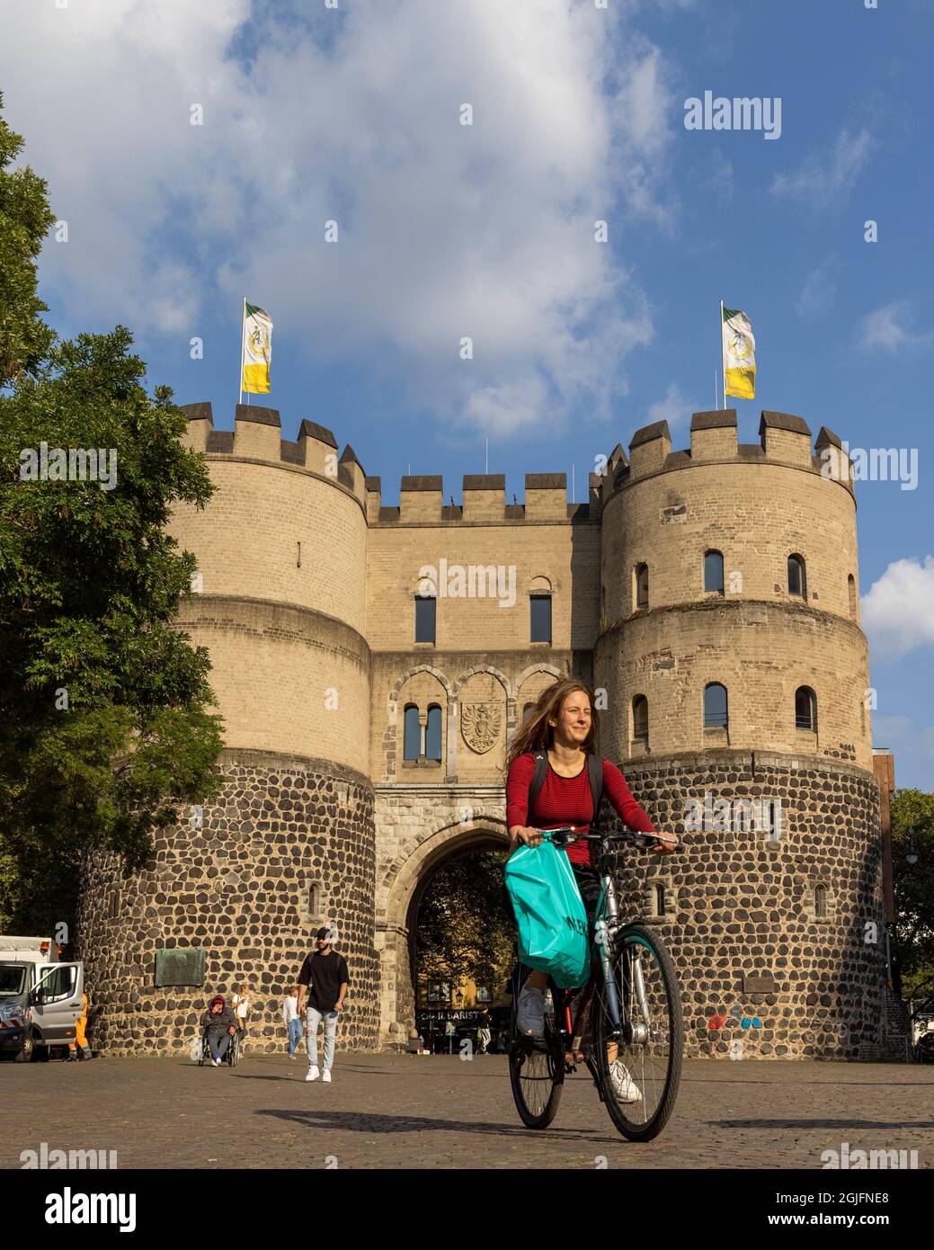 Historical town gate still in use in modern Cologne, Germany Stock ...