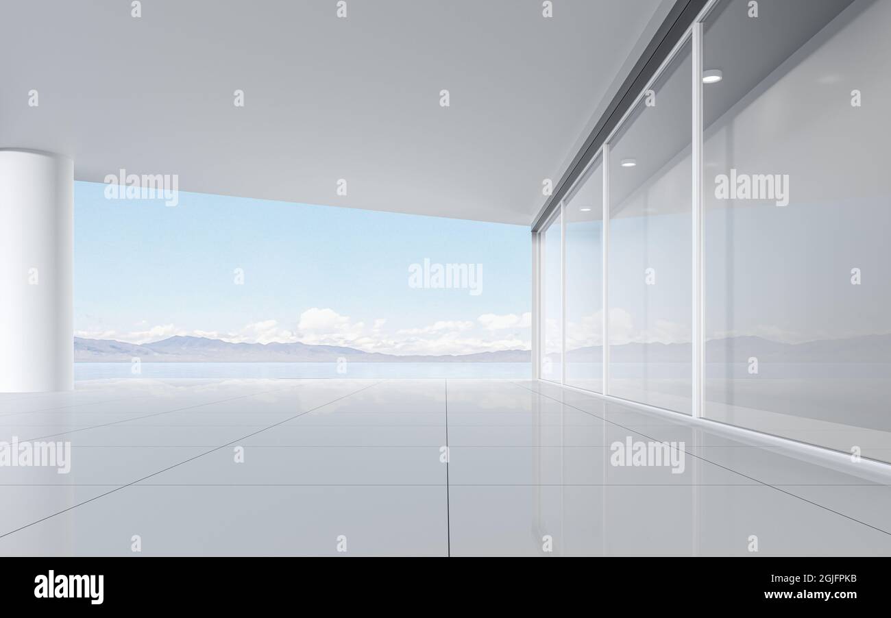 White architecture with outdoor view, 3d rendering. Computer digital ...