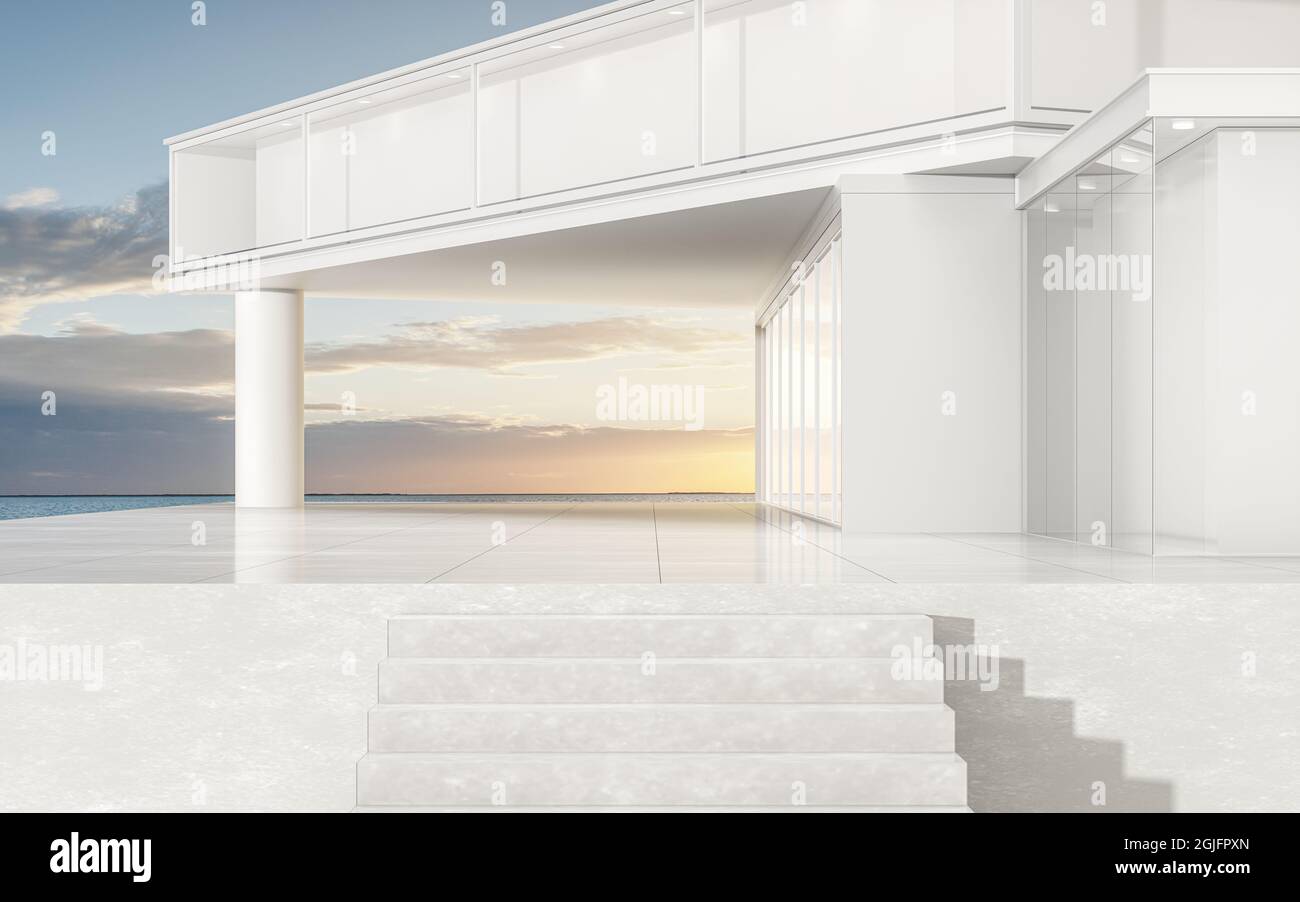 White architecture with outdoor view, 3d rendering. Computer digital ...
