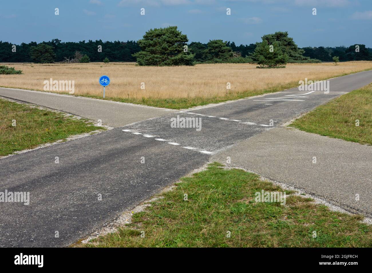 Bike path crossing in dutch national park De Hoge Veluwe in Province ...