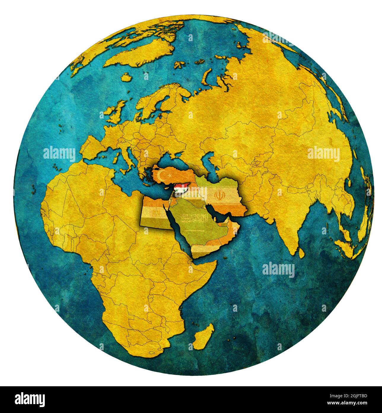 location of Syria territory in middle east region with country flags on ...