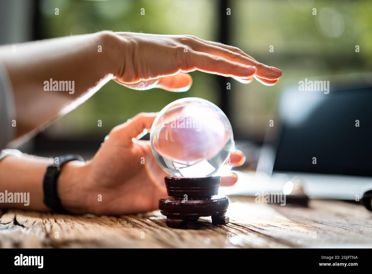 Business Predictions Using Crystal Ball. Psychic Visionary Woman Stock ...