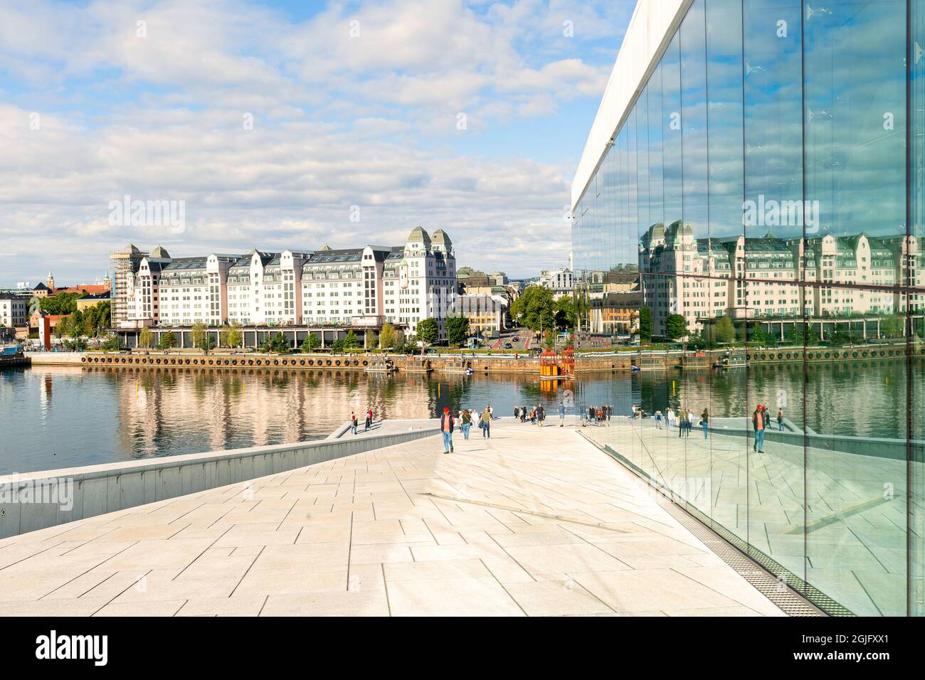 Reflection of the view of the old harbor warehouse from the roof of the ...
