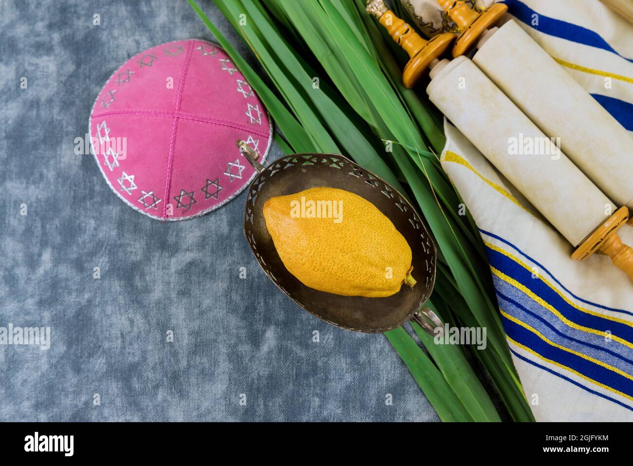 Traditional symbols of Sukkot with four species etrog lulav hadas arava ...