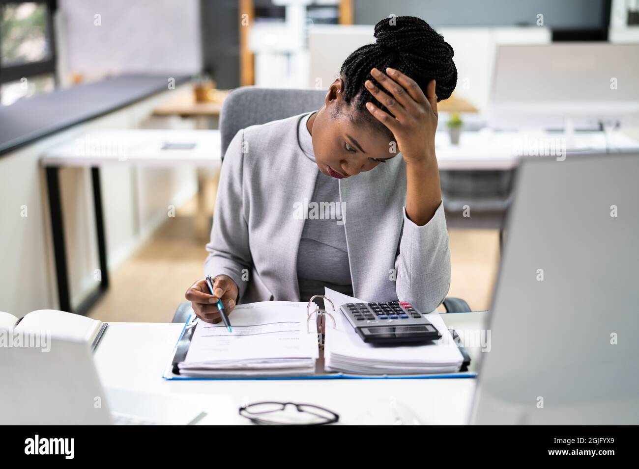 American African Workaholic Accountant Woman Bored And Sad Stock Photo ...