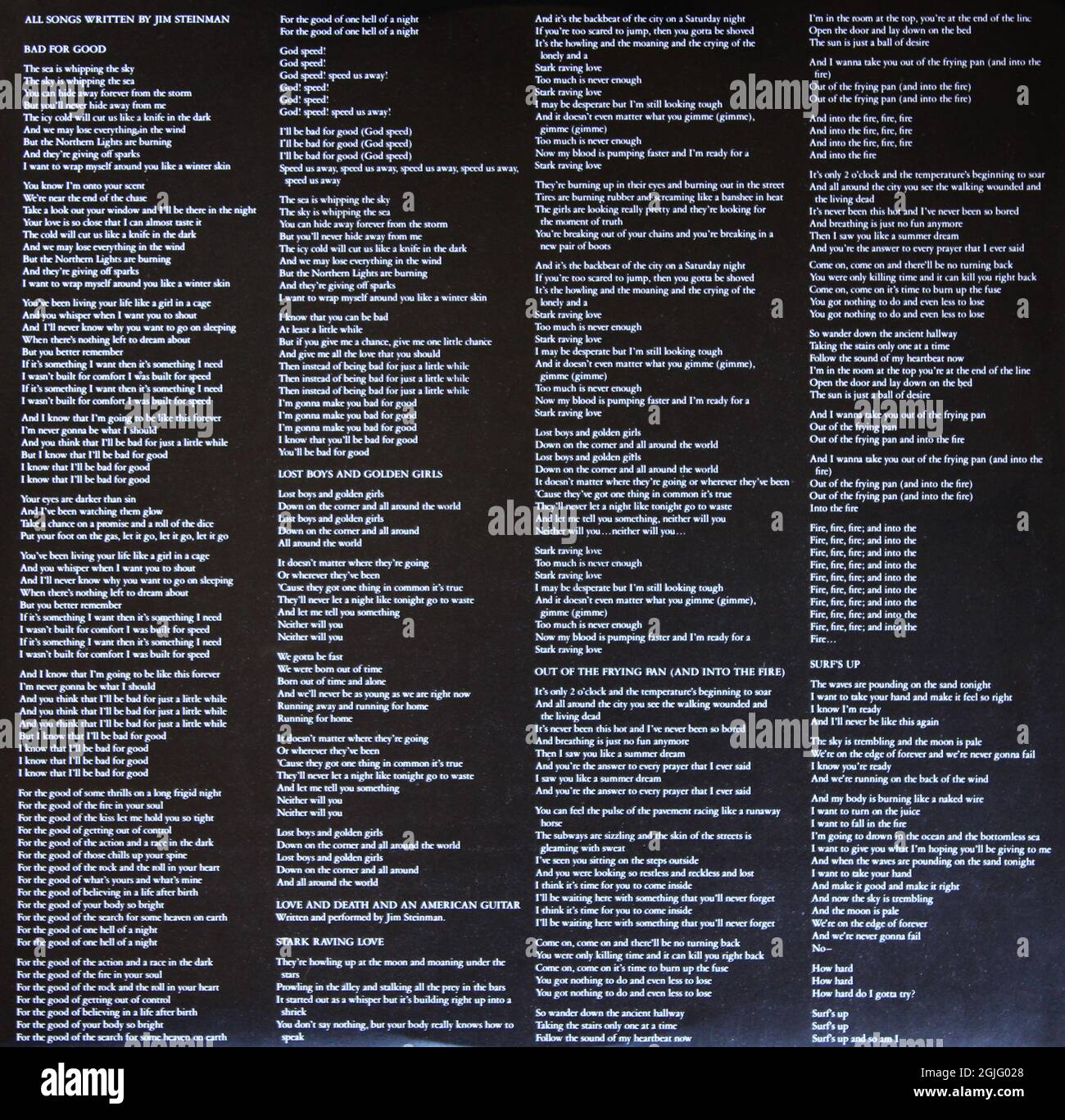 Jim Steinman: 1981. LP inner sleeve 1: Bad For Good Stock Photo - Alamy