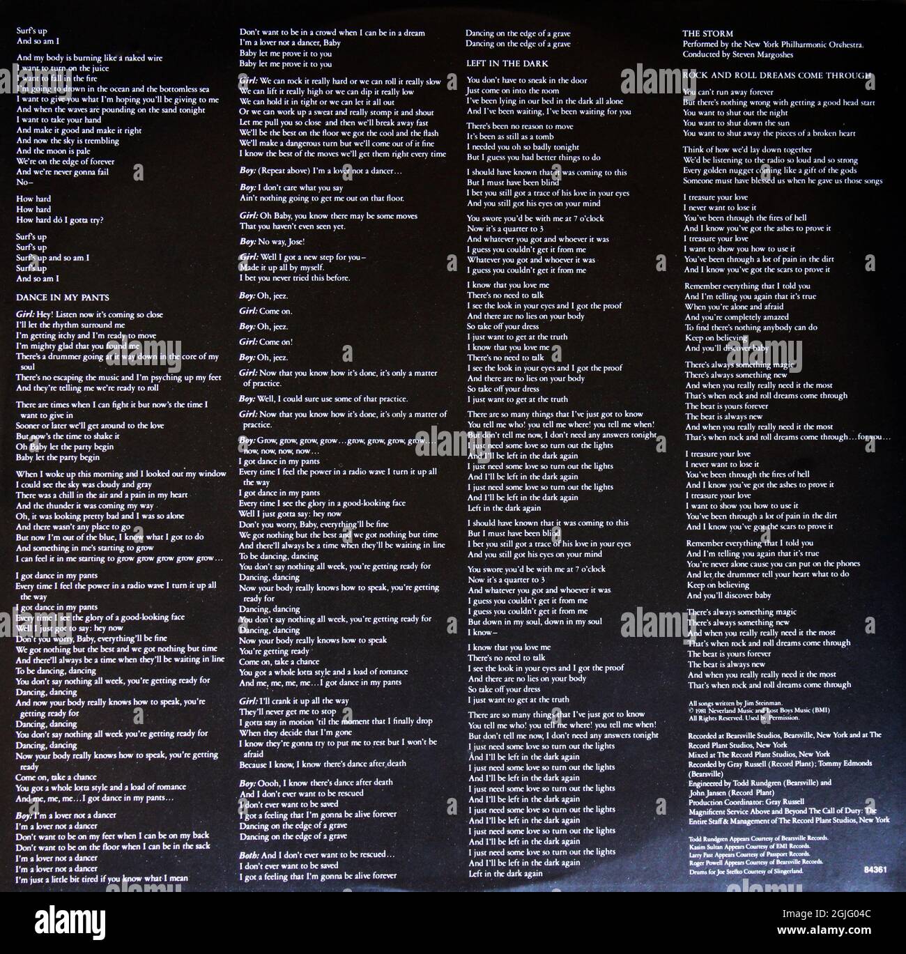 Jim Steinman: 1981. LP inner sleeve 2: Bad For Good Stock Photo - Alamy