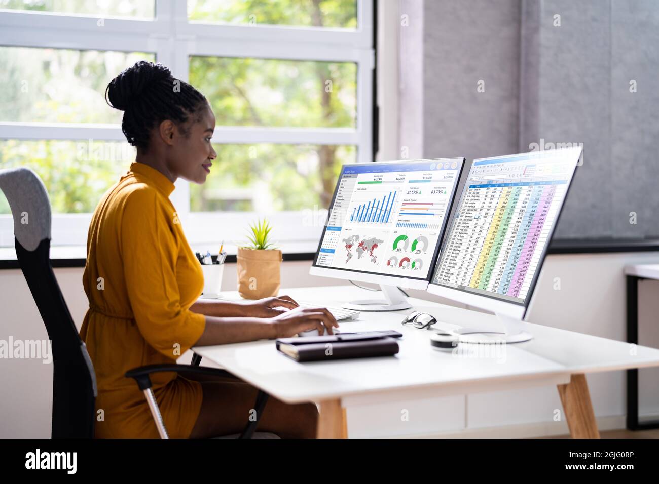 Computer Spreadsheet Data Analyst Woman Using Multiple Screens Stock ...