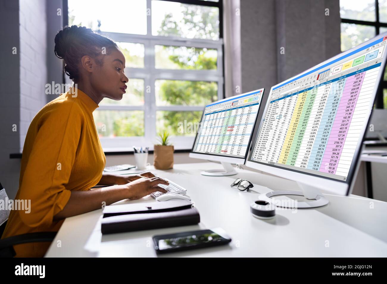 Computer Spreadsheet Data Analyst Woman Using Multiple Screens Stock ...