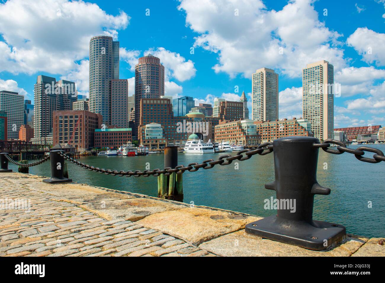 Boston Harbor view including Custom House, Rowes Wharf and modern ...