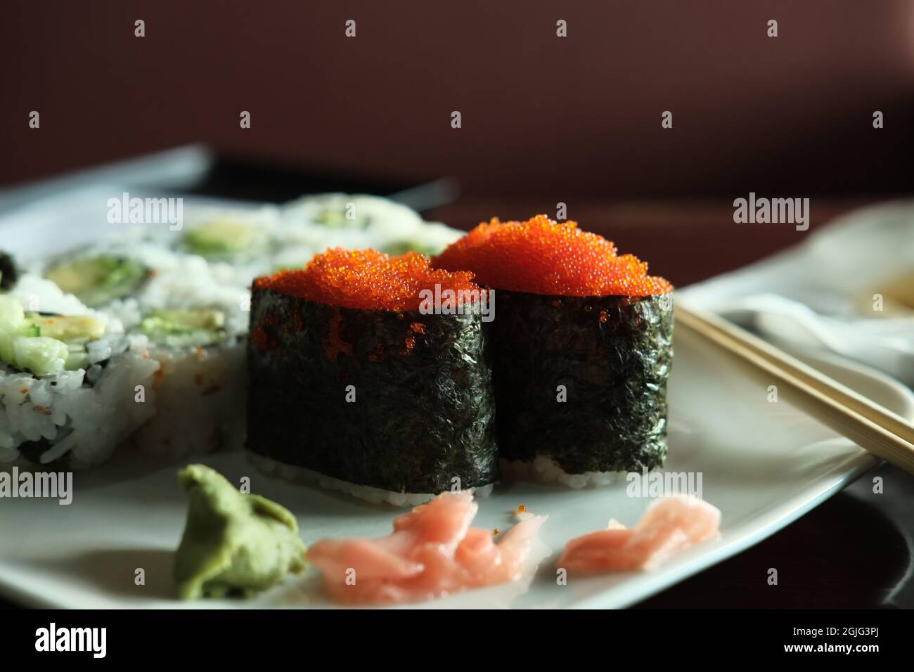 Japanese avocado cucumber roll with flying fish roe sushi Stock Photo ...