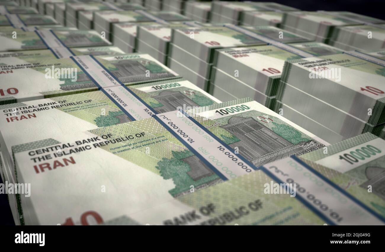 Iranian Rial money pack 3d illustration. IRR banknote bundle stacks ...