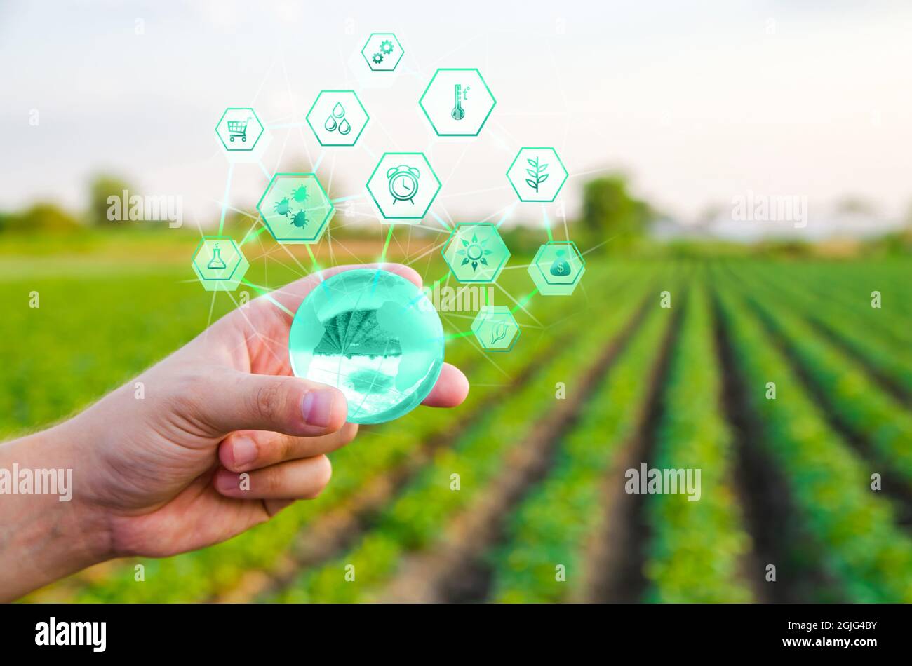 Holding a globe with innovations on farm field background. Use of ... Holding a globe with innovations on farm field background. Use of ...