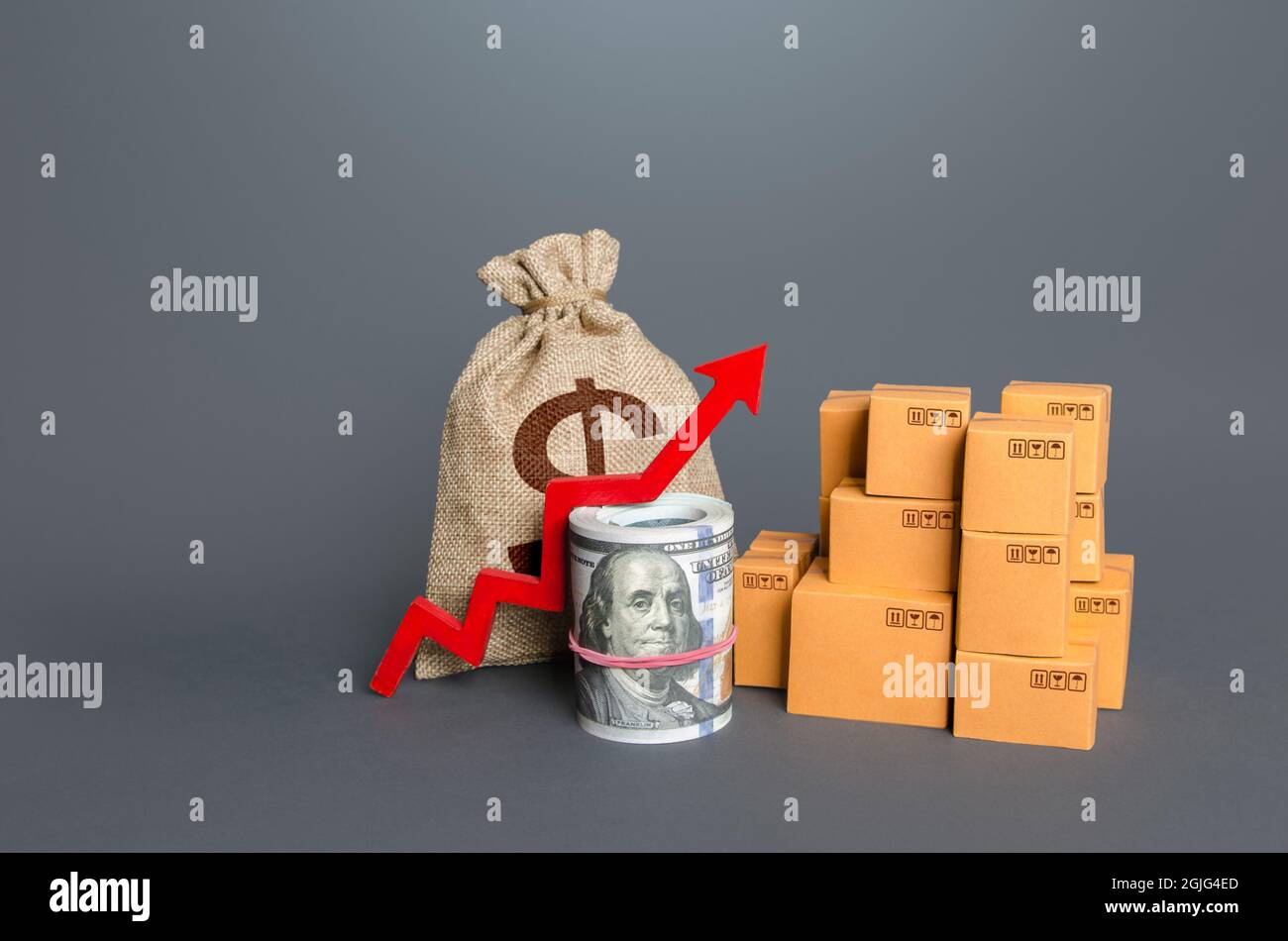 Boxes with a red arrow up and money. Increase in trade volumes, growth ...