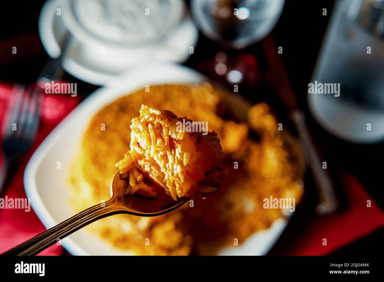 Spicy Indian chicken biryani rice with fresh raita Stock Photo - Alamy