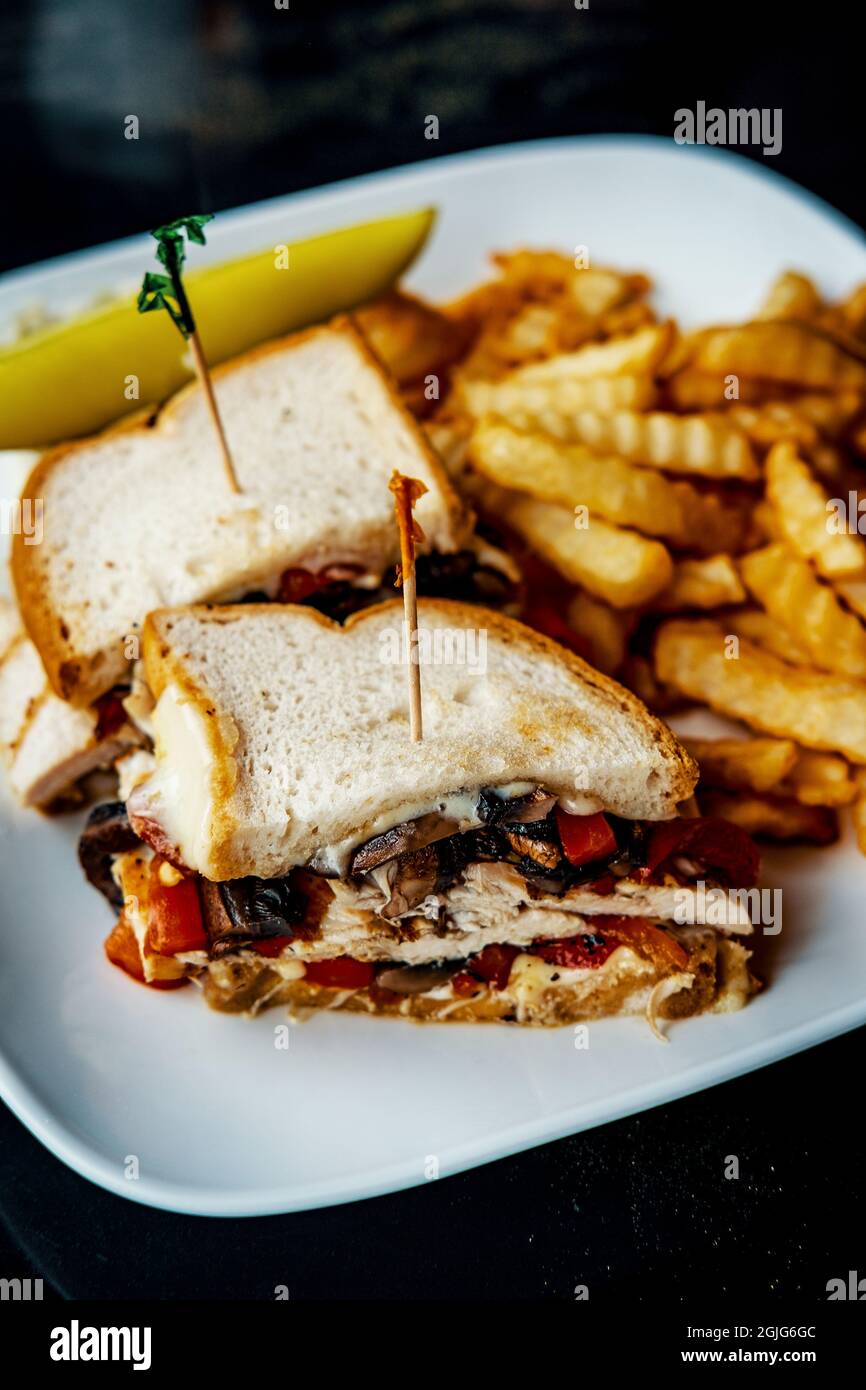 Grilled chicken mozzarella cheese sandwich with roasted red peppers and ...