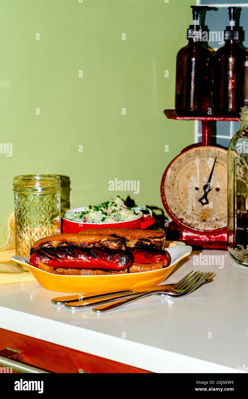 Char-grilled kielbasa sausage sub sandwich with green goddess dressing ...