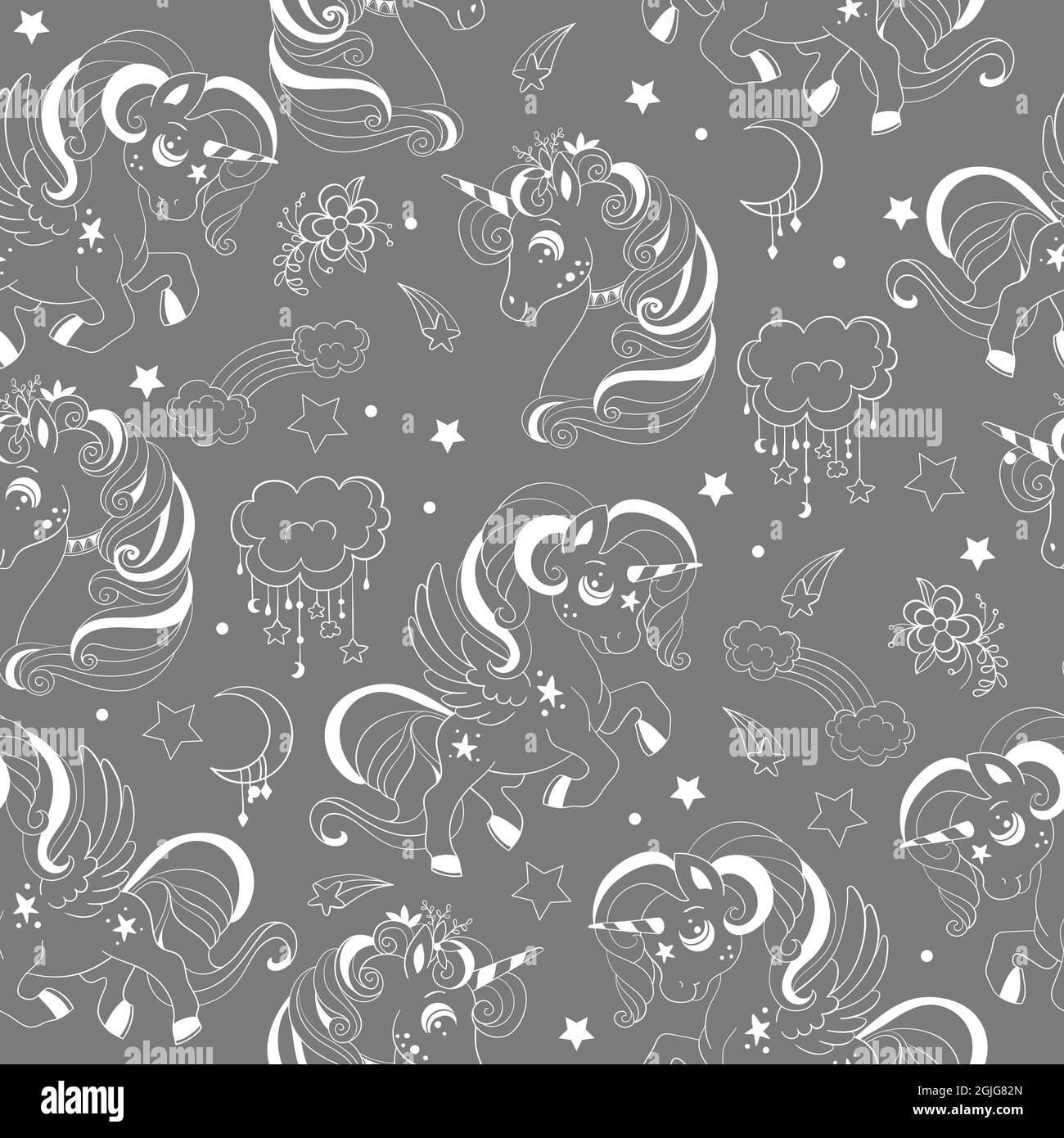 Seamless pattern with cute unicorns, clouds, rainbow and stars. Magic ...