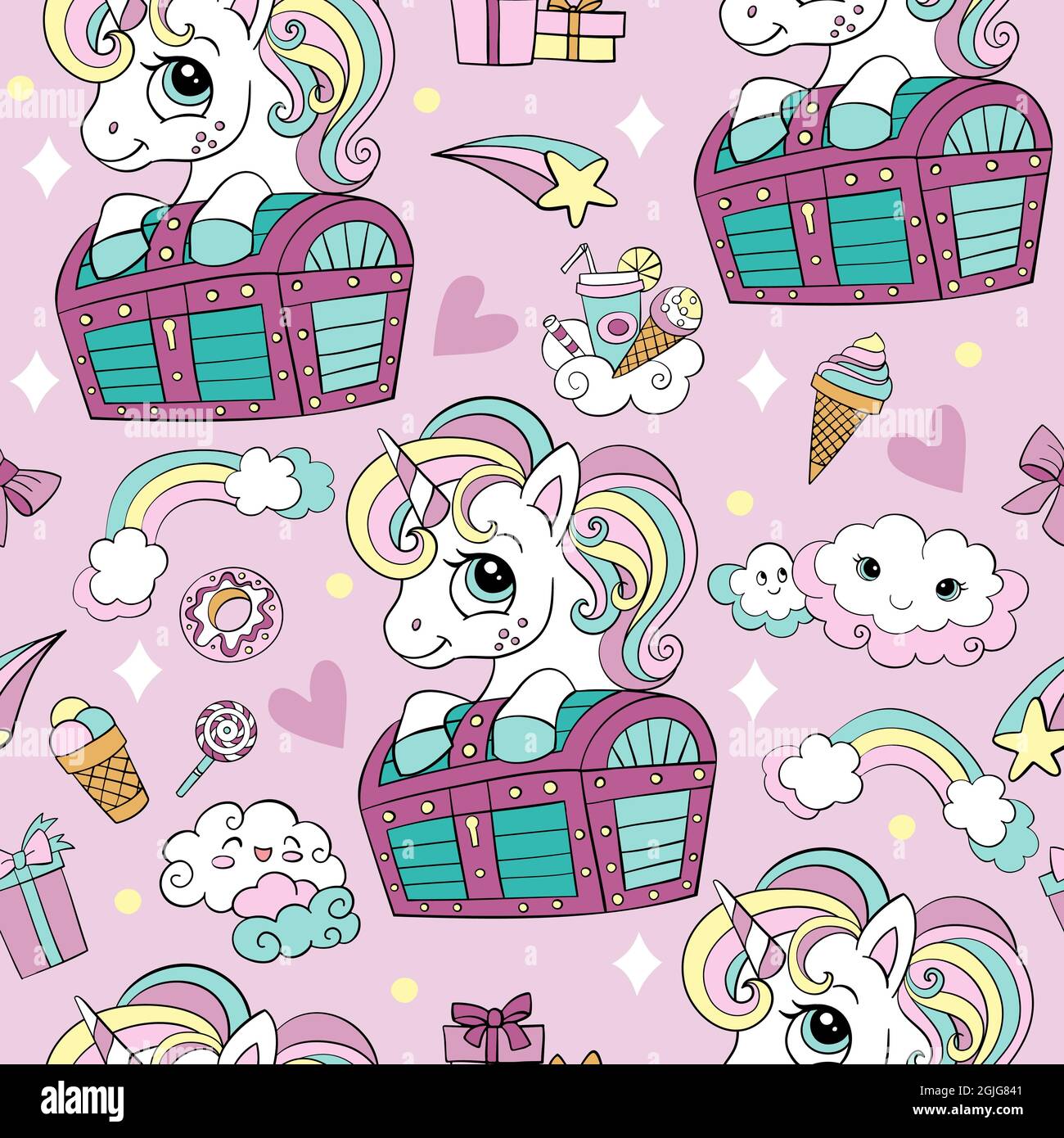 Seamless pattern with cute unicorn and chest, clouds, rainbow and ...