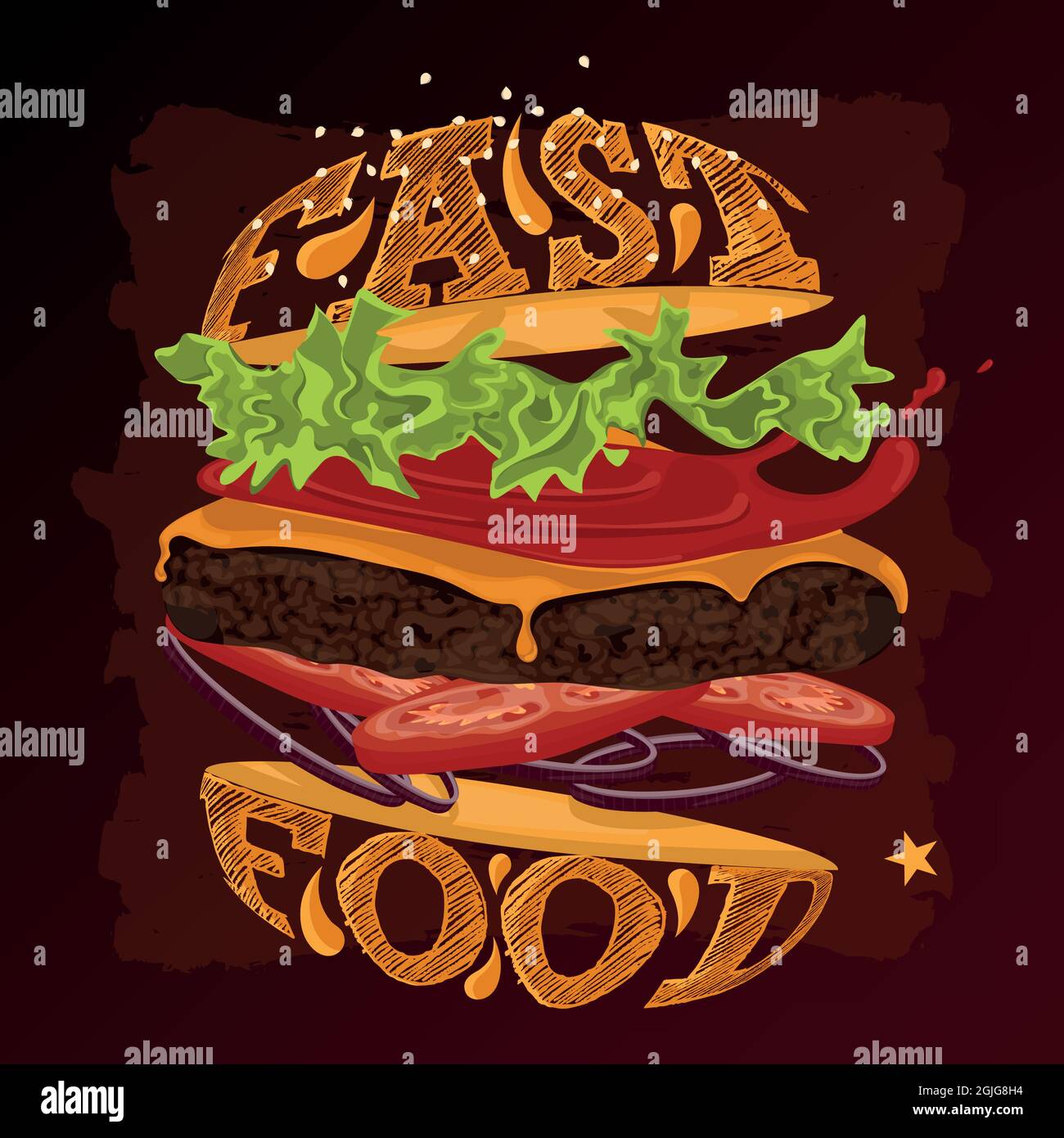 Jumping cheese burger with all its ingredients Fast food menu poster ...