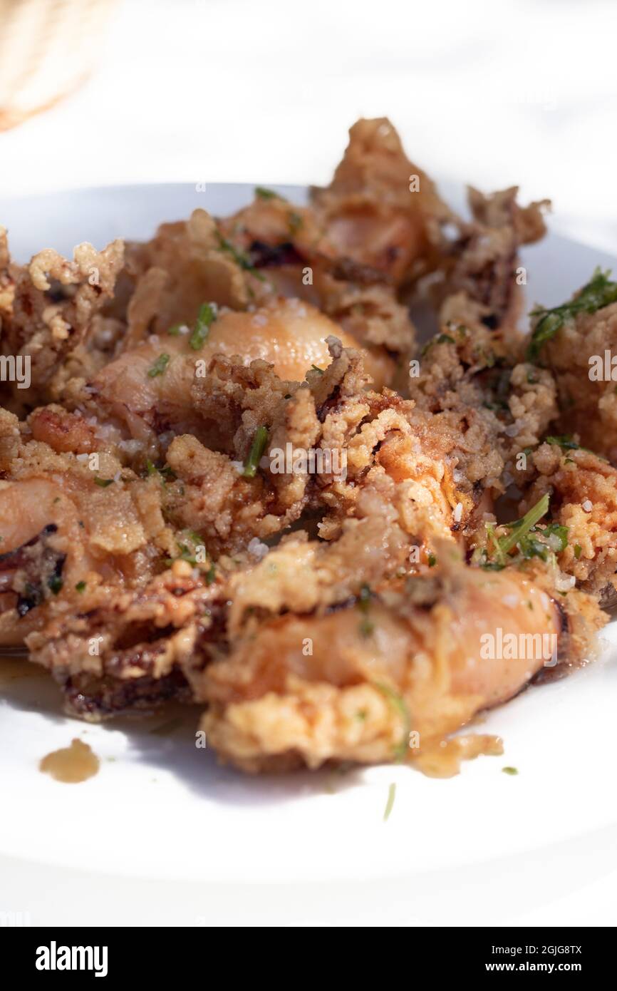 "Chipirones fritos" Fried squid seasoned with lemon served on a plate ...