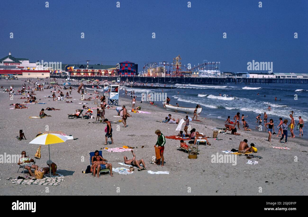 Beach panorama with piers, Atlantic City, New Jersey , 1978 Stock Photo ...