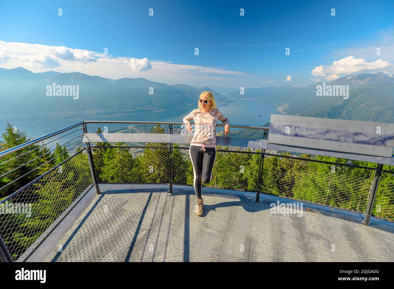 Woman on Aussichtsplattform Cardada platform on top of Cardada-Cimetta ...