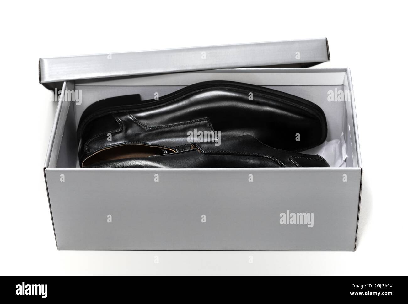 Black leather business dress shoes in shoebox box shoe carton packaging ...